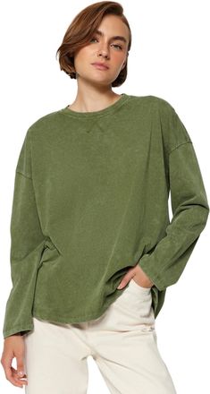 Trendyol Trendyol Womens Damen Gerade Lange Ärmel Entspannt T-Shirt, Khaki, Small