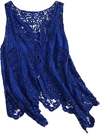ORANDESIGNE Femmes Gilet Cardigan été Hippie Gilet Crochet Creux Dentelle Irrégulière Boho sans Manches Cardigan Court Gilet Irrégulier Ajouré Cardigan Beachwear 