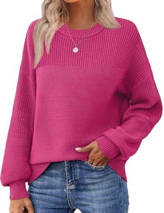 Generic Pull d&eacute;contract&eacute; &agrave; manches longues pour femme - Col rond - Couleur unie - Pull d&eacute;contract&eacute; en tricot, rose rouge, XXL