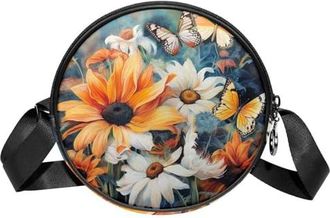 Generic Sac &agrave; bandouli&egrave;re rond pour femme, motif fleurs et papillons, petit sac &agrave; bandouli&egrave;re avec fermeture &eacute;clair, bretelles r&eacute;glables, sac &agrave; main rond d&eacute;co