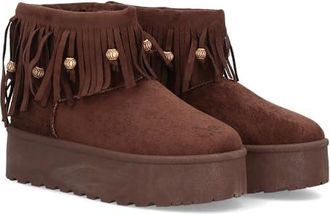 Shoes & Blues Bottines plates pour femme avec plateforme, style australien, doubl&eacute;es de poils, cana d&eacute;cor&eacute;es avec de longues franges et perles, bout rond sans ferme