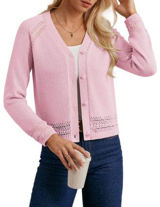 Grace Karin Strickjacke Damen Leichte Langarm Cardigan Elegante Sweater Strickpullover Strickweste Rosa