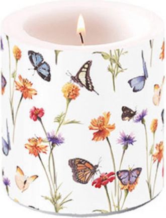 Ambiente Kerze Stumpenkerze Wachswindlicht 9 cm hoch Brenndauer ca 35h Blumen Frühling Sommer Garten Schmetterlinge Dekorationskerze Serie butterfly garden