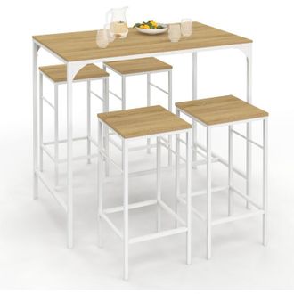 IDMarket Set Bar-Hochtisch DETROIT 100 cm und 4 Hocker aus Holz und Metall wei&szlig; Industriedesign