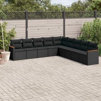 vidaXL 9-tlg. Garten-Sofagarnitur mit Kissen Schwarz Poly Rattan - Vidaxl