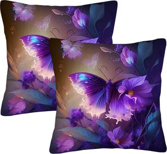 Generic 2er Set Kissenbezug Lila Schmetterling und Blume Kissenh&uuml;lle Sofakissen mit Rei&szlig;verschluss 45x45 cm f&uuml;r Sofa Schlafzimmer Couch Outdoor