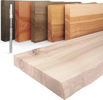 Lamofootwear Manufaktur Schweberegal Holz mit unsichtbarer Befestigung | Wandregal 120 cm breit f&uuml;r Wohnzimmer, Home Office | Farbe: Roh, Kante: nat&uuml;rlich | Massiv
