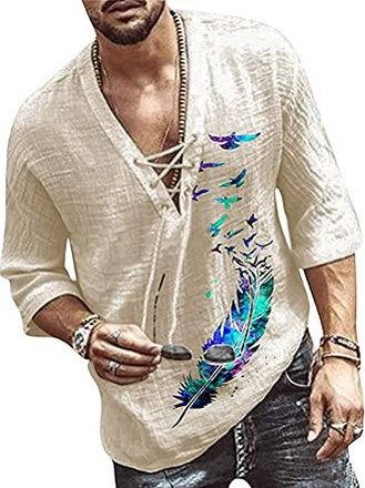 Onsoyours Hommes Chemises Solid Manches Longues Slim Fit Mode Oeil de Poulet à Lacets à Col en V pour Hommes Chemise à Manches Vintage Ample Z6 Abricot L