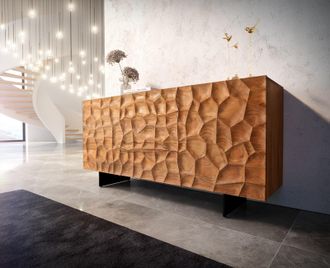 DELIFE Sideboard Solu 175 cm Akazie Natur 2 T&uuml;ren 3 Sch&uuml;be Fu&szlig; schwebend Metall Schwarz 3D-Front, Sideboards