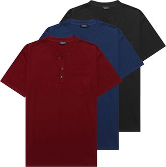Coofandy Henley T-Shirt Herren 3er Pack Einfarbig Shirt Kurzarm Shirts mit Knöpfe Männer Oberteile Tee Schwarz/Blau/Weinrot L