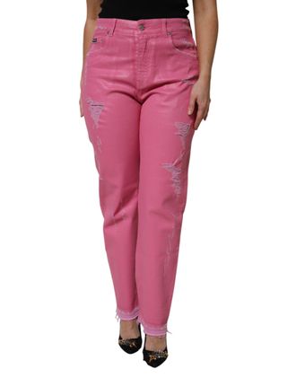 Dolce & Gabbana Womens Pink Tattered Mid Waist Tapered Denim Jeans Cotton Elastane Clothing