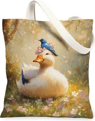 Generic Sac fourre-tout en toile de canard printanier pour le shopping, 33 x 38,1 cm, joli sac d&eacute;picerie r&eacute;utilisable pour femme, peinture danimaux, d&eacute;coratio