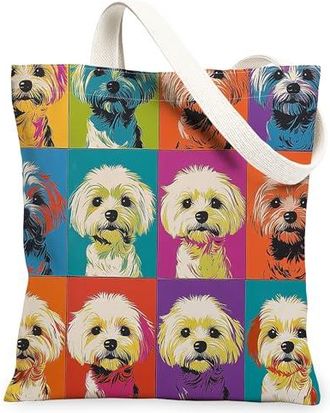 Generic Pop Art Sac fourre-tout en toile motif chien maltais 33 x 38 cm, motif chiot abstrait amusant et amusant pour femme, peinture esth&eacute;tique pour animal d