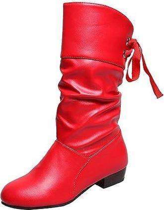 Generic Bottes mi-mollet décontractées à talon bas pour femme - Élégantes à lacets dans le dos - Confortables et antidérapantes - Bottes déquitation larges po