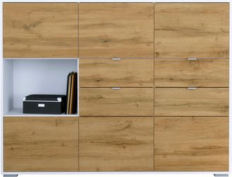 Vladon Highboard Milano V2, Sideboard mit 6 Türen und 4 Schubladen Eiche Evoke, Made in Germany, Korpus Weiß matt (152,5 x 118x 37 cm)