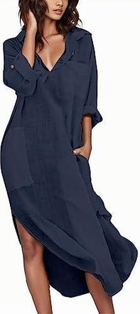 Generic Robe Chemise Femme de Plage, Col V Robe Coton et Lin,Robe Longue Fluide Manche Longue Mode Boutonn&eacute; Grande Poche avec Manches Retrouss&eacute;es Fendue sur L