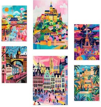 Nacnic Lot de 6 Affiches Monuments inspir&eacute;s par Mary Blair Eiffel Prague Saint Michele Alhambra Belgique Fushimi Inari illustration design pour d&eacute;corer les m