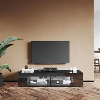 Sonni Sonni - tv Lowboard Board Meuble Armoire avec éclairage led Noir brillant Tablettes en verre 135x39x30cm