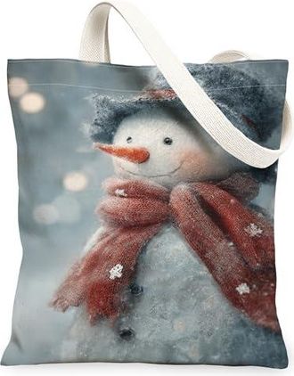 Generic Sacs fourre-tout en toile motif bonhomme de neige dhiver, sacs d&eacute;picerie r&eacute;utilisables, festifs, l&eacute;gers et lavables, Gris, 13x15 Inch