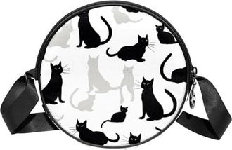 Generic Sac &agrave; bandouli&egrave;re rond pour femme, motif silhouette de chat, petit sac &agrave; dos &agrave; bandouli&egrave;re avec fermeture &eacute;clair, bretelles r&eacute;glables, sac &agrave; main rond