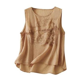 Generic D&eacute;bardeurs en lin pour femme - Broderie vintage - Sans manches - D&eacute;contract&eacute; - Tendance - Pour femme - Chemisier boh&egrave;me, kaki, XXL