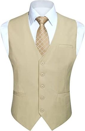 Hisdern Gilets Sans Manche Homme Gilet De Couleur Unie En Coton Pour Hommes Gilet De Costume De Mariage Soiree Formelle,Champagne,3XL