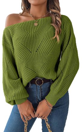 Feoya FOEYA Laternen&auml;rmeln Pullover f&uuml;r Damen Locker L&auml;ssig Schulterfrei Pulli Fledermaus&auml;rmel Vintage Strickoberteil Herbst Winter Sweatershirt L