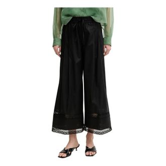 Twinset Pantalon large en popeline avec broderies - Femme - Pantalons - Noir - Taille: 36 FR