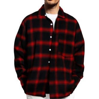 Generic Chemise &agrave; manches longues pour homme &agrave; carreaux - Coupe ample - Chemise &agrave; carreaux avec boutonni&egrave;re - Col rabattu - Chemise de travail - Confortable -