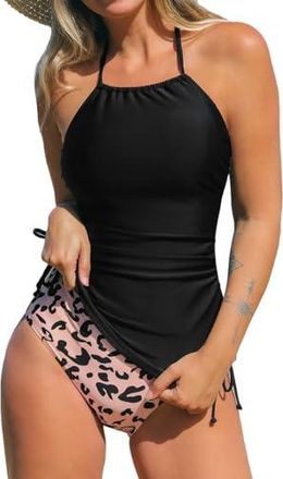 Cupshe Maillot de bain tankini pour femme - Col haut - Dos nu - Contrôle du ventre - Taille moyenne - Cordon de serrage réglable - Maillot de bain deux pièce