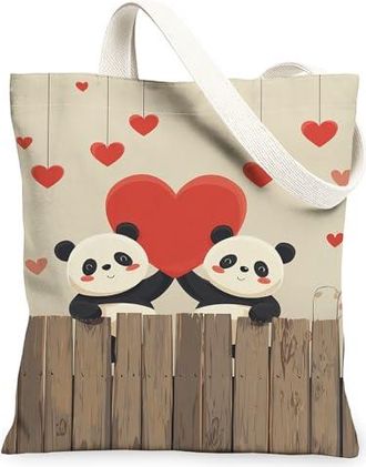 Generic Sacs fourre-tout en toile motif panda amour, mignon, motif coeur, sacs d&eacute;picerie, sacs d&eacute;picerie r&eacute;utilisables, vintage, l&eacute;gers, lavables, beige, 13x1