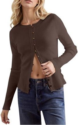 Generic Vestes pour femmes 2026 - Couleur unie - Coupe ajust&eacute;e - Boutonn&eacute;e - Manches longues - Col rond - Haut c&ocirc;tel&eacute; tricot&eacute;, caf&eacute;, XL