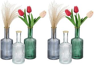 Relaxdays Vasen aus Glas, im 3er Set, Blumenvasen in Flaschenform, H x D: 20,5 x 8 cm, Dekovasen gerillt, Mehrfarbig (Packung mit 2)