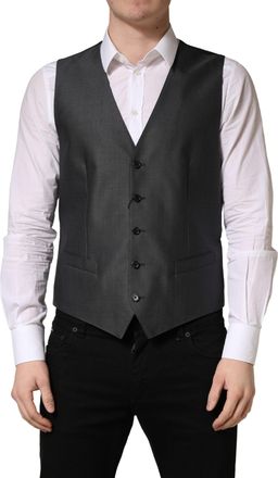 Dolce & Gabbana Dark Gray Single Breasted Men Waistcoat Vest Black Virgin Wool Silk Clothing