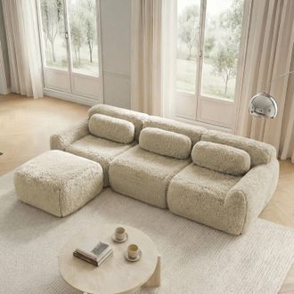 STILVORA Canap&eacute; Modulable dAngle en L 3 Place avec Coussin, Confort Nuage Assise Profonde, Sans Montage, en Peluche Beige Clair