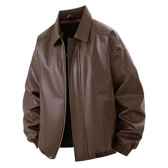Generic Blouson en cuir pour homme, blouson de motard en similicuir, col &agrave; revers, couleur unie marron, taille 3XL