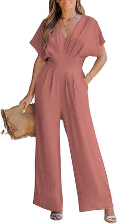 Cupshe Damen Jumpsuit V-Ausschnitt Kurze Dolman-Ärmel Overall Weites Bein Strampler Lang Playsuit Sommer Elegant Hosenanzug