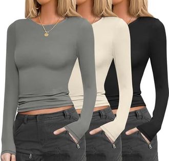 Ekouaer T Shirt Thermique Femme 3pcs Maillot de Corps Col Rond Trendige Moderne Base Layer, Gris + Beige + Noir, S