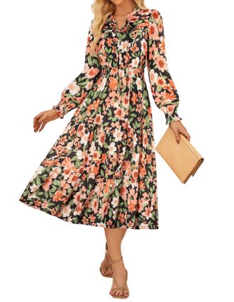 Grace Karin Damen Blumenkleid Elegant V Ausschnitt Langarm mit R&uuml;schen Midikleid M Schwarz und Orange