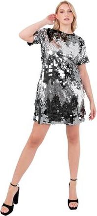 Lovedrobe Womens T-Shirt Dress Ladies Mini Round Neck Short Sleeve Disc Sequin Embellished Ombre Shift Swing Party Cocktail, Gris 40