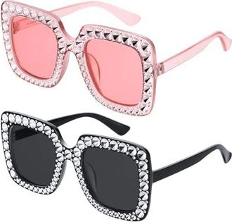 Generic Lot de 2 paires de lunettes de soleil carr&eacute;es &eacute;tincelantes r&eacute;tro &agrave; monture &eacute;paisse pour femme, tendance, glamour et protection UV, rose/noir