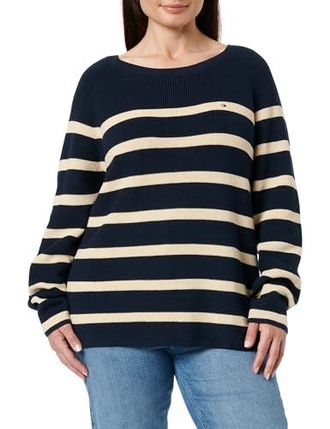 Tommy Hilfiger CO Cardi Fine GG LS Boat-NK SWT WW0WW44975, White (White Stripe 27), S Femme