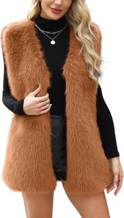 Feoya Fellweste Damen Elegant Lang Teddy Fleece Weste Kunstpelz Weste Pl&uuml;schweste &Auml;rmellos Winterjacke Pelzweste Flauschig Cardigan Braun 3XL