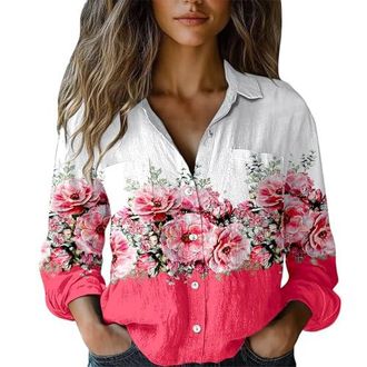 Generico Chemise Femme &Eacute;l&eacute;gant Manches Longues Blouse Coton Et Lin Curvy Respirant Chemises Col V Mode T Shirt Vintage Imprim&eacute; avec Boutons L&eacute;ger Chemisier Dou