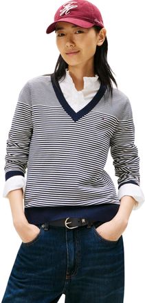 Tommy Hilfiger Damen Pullover Jersey V-Neck Strickpullover, Mehrfarbig (Bretton Stripe Dark Night Navy), L