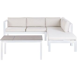 Beliani Lounge Set Wei&szlig; Aluminium mit Auflagen Cremewei&szlig; Stoff Skandi Modern 5-Sitzer Ecksofa Ottomane und 1 Couchtisch Terrasse Garten M&ouml;bel