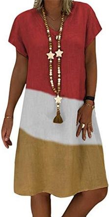 ORANDESIGNE Robe Femme Ete Couleur Unie Chic Manche Courtes Tunique Casual Grande Taille Robe Coton C Rouge 42