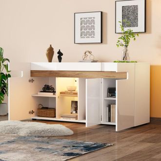 STILVORA Buffet et Enfilade avec 3 Portes et LED Contr&ocirc;l&eacute;e par Application, Brillance Blanche, en Panneaux de Particules, 140&times;40&times;70 cm