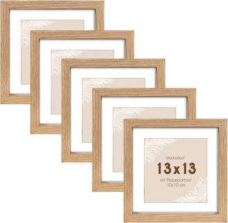 Wackadoo Bilderrahmen 5er Set quadratisch 13x13 cm Eiche Fotowand Fotorahmen mit Glas Picture frame Holz mit Passepartout 10x10 cm