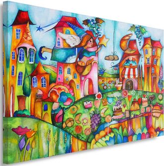 Feeby Bilder Abstrakt 120x80 cm - Leinwandbild - Kunstdrucke - Kinder - bunt Stadt Haus